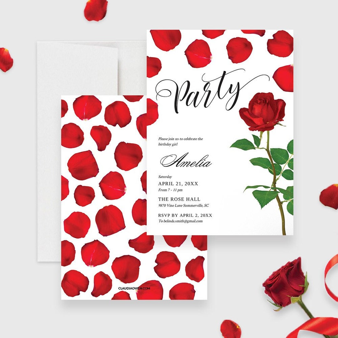 Red Rose Party Invitation Editable Template, Red Petals Printable ...