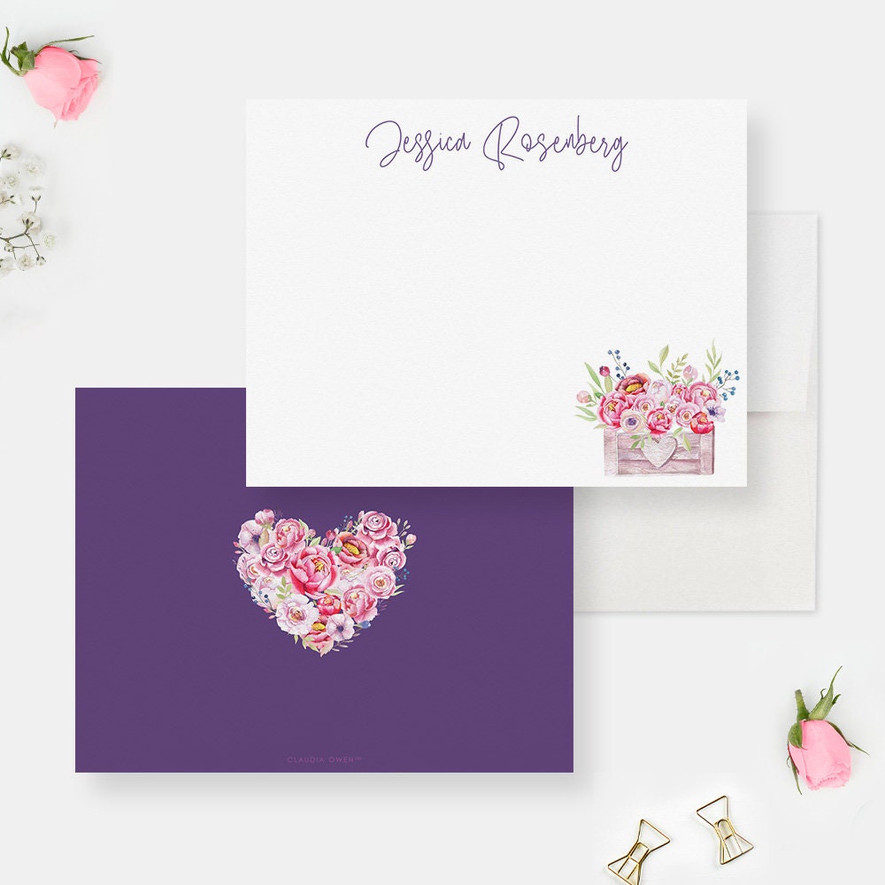Custom Watercolor Flower Note Card Set With Name Personalized ...
