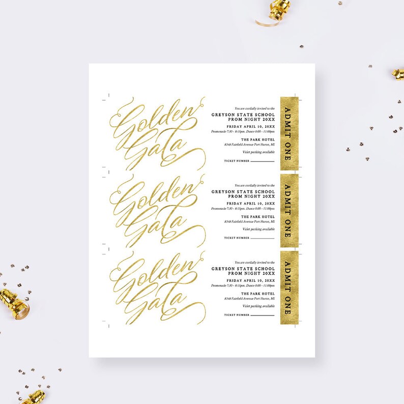 Golden Gala Prom Ticket Template Elegant Formal Ticket in - Etsy