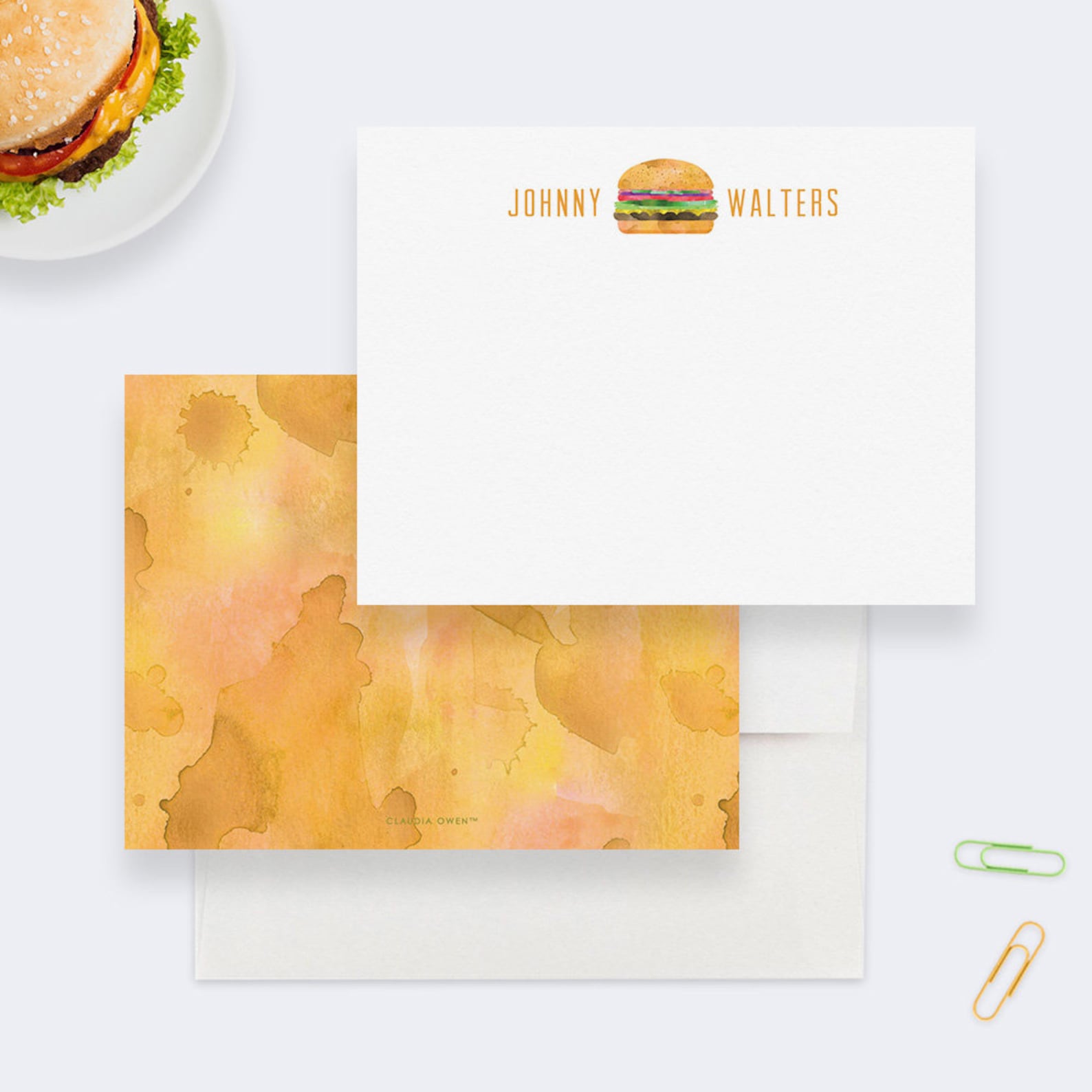 Personalized Burger Note Card Stationery Set, Burger Birthday Thank You ...