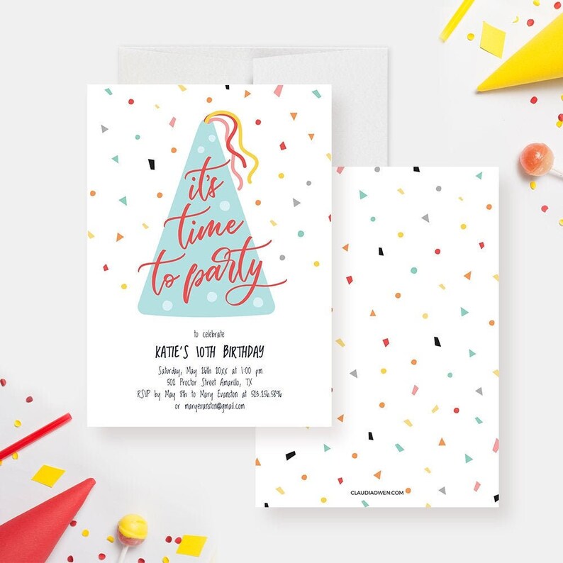 Party Hat Birthday Party Invitation Template With Confetti, Colorful ...