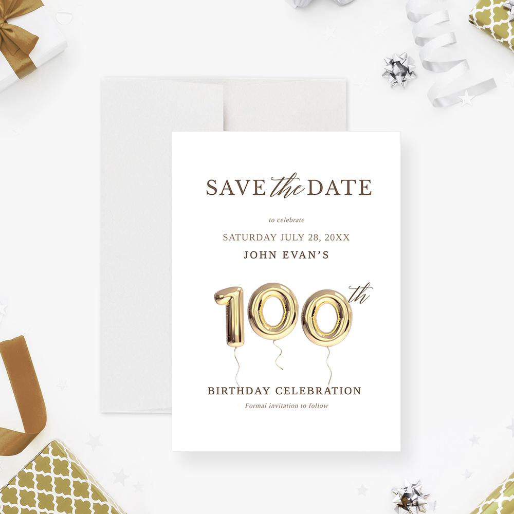 100th Save the Date Card Template, 100 Years Birthday Balloon Digital ...