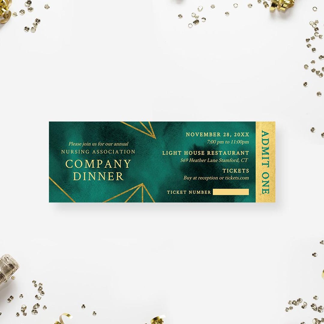 Company Dinner Ticket Template, Personalized Emerald Green Gala Ticket ...