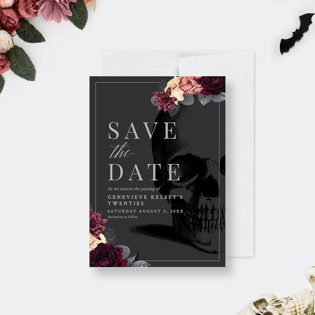 Save the Date Printable Editable Card, Floral Death Birthday Party ...
