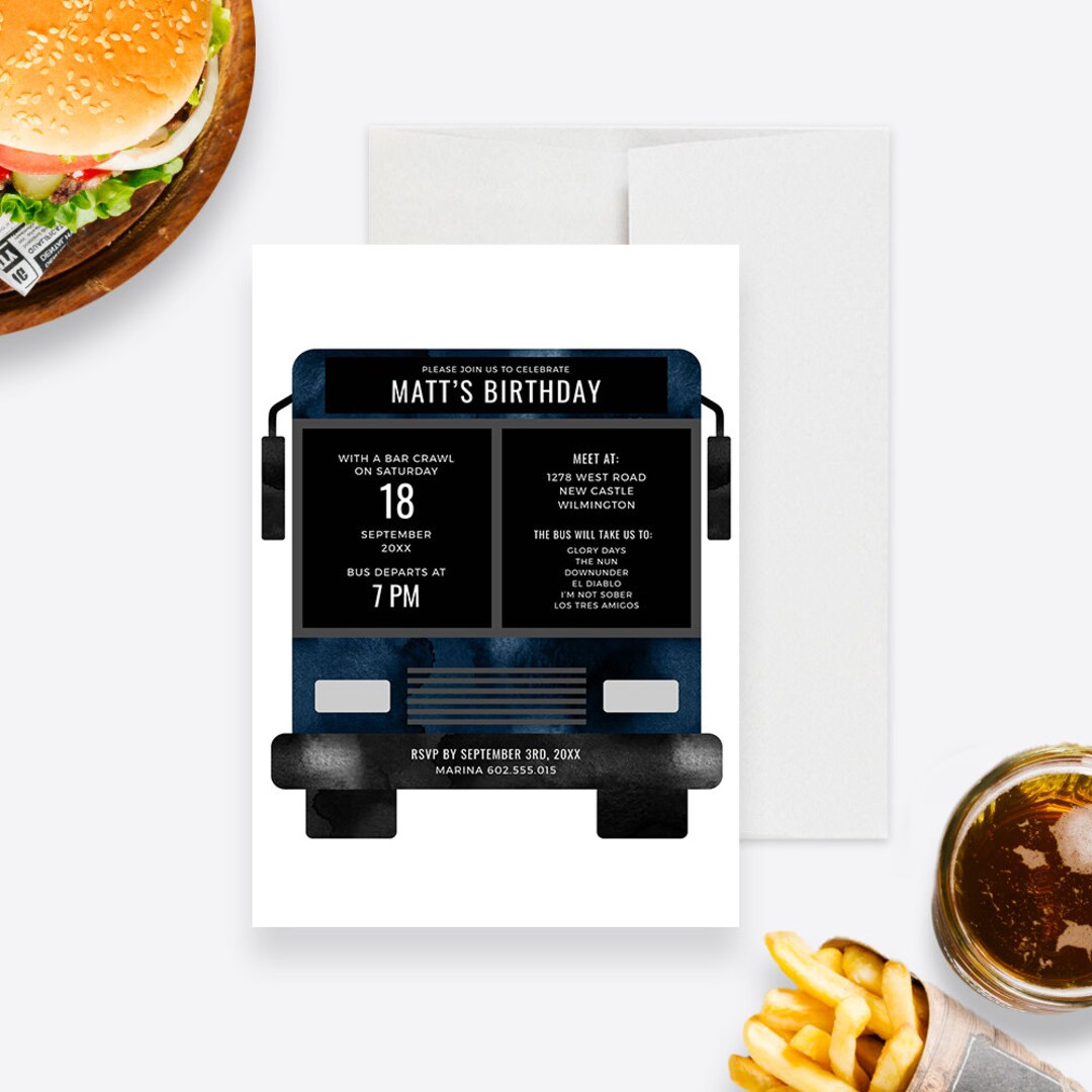 Bus Birthday Party Invitation Template for Adults, Bus Bachelor Party ...