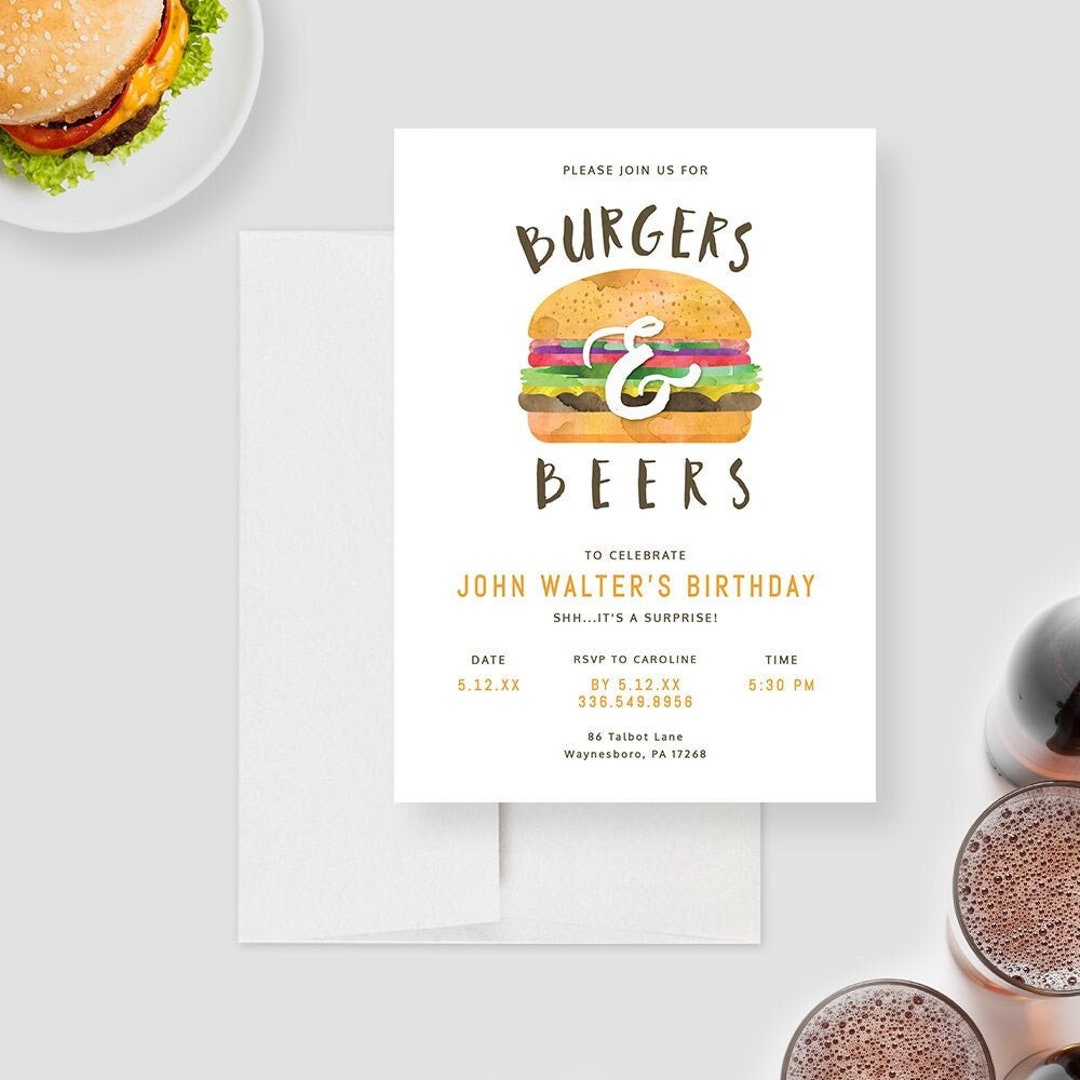 Burgers and Beers Party Invitation Template, Mens Birthday Printable ...