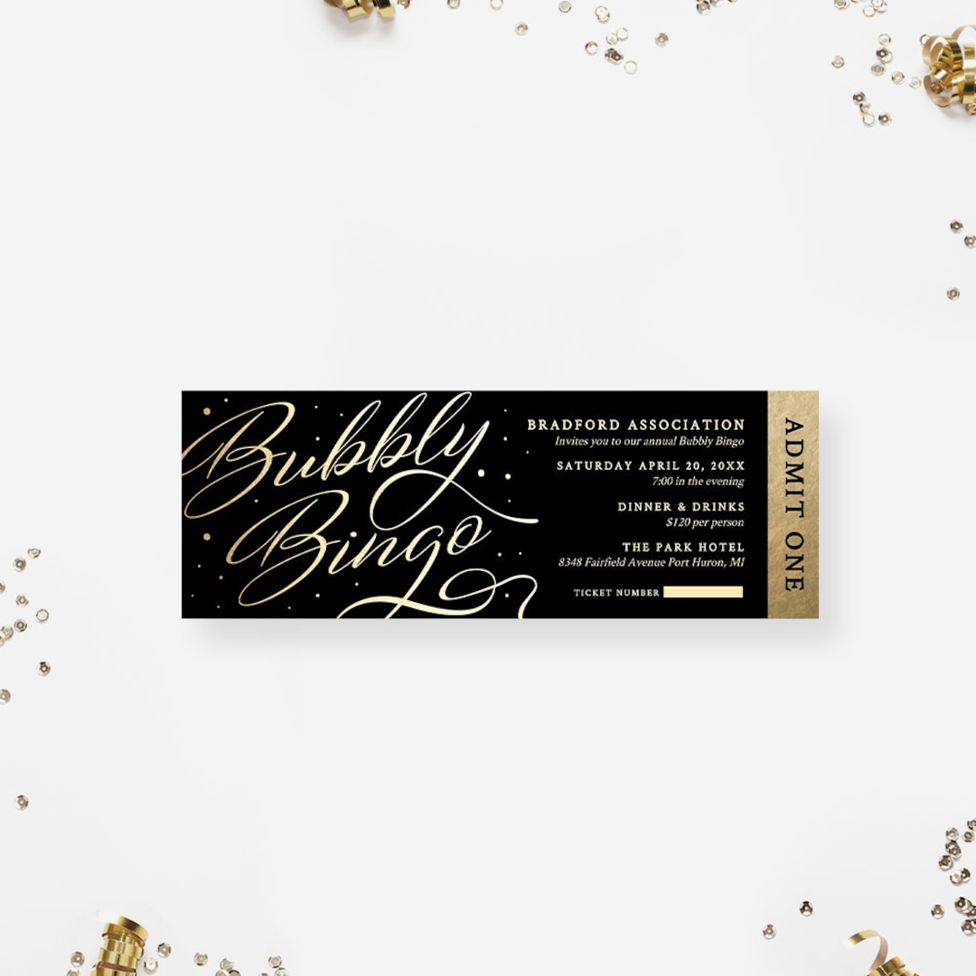 Bingo Ticket Template, Bubbly Bingo Black and Gold Admit One Digital ...