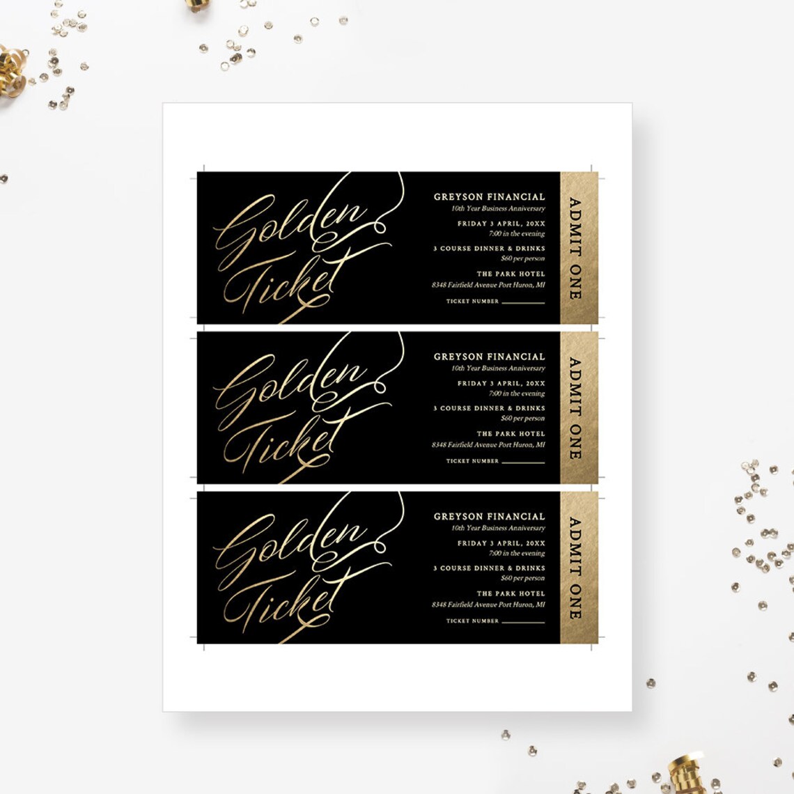Golden Ticket Template, Black and Gold Ticket Invitation, Event Tickets ...