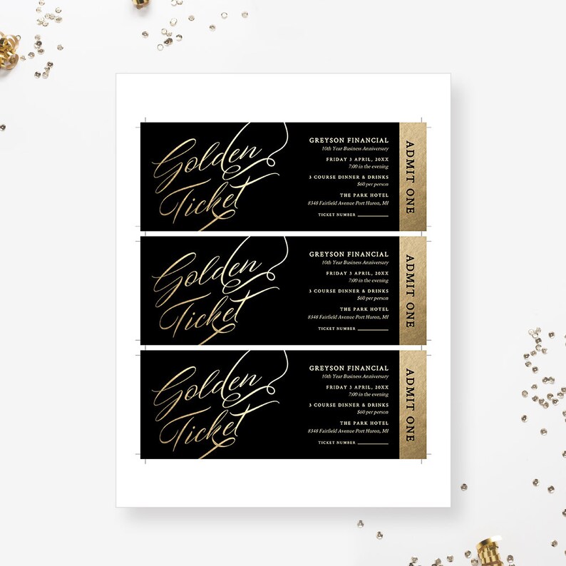Golden Ticket Template, Black and Gold Ticket Invitation, Event Tickets ...