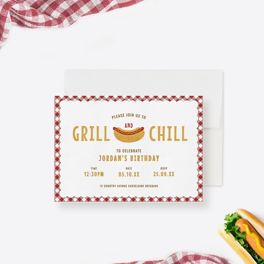Grill and Chill Invitation Template, Mens Birthday Hotdog Party Digital ...