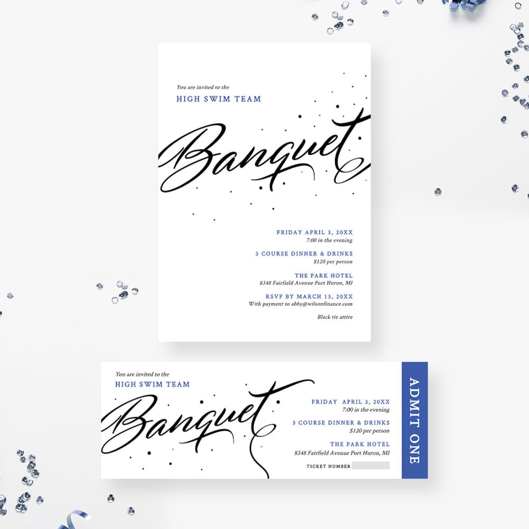 Banquet Invitation Editable Template With Matching Ticket, Blue ...