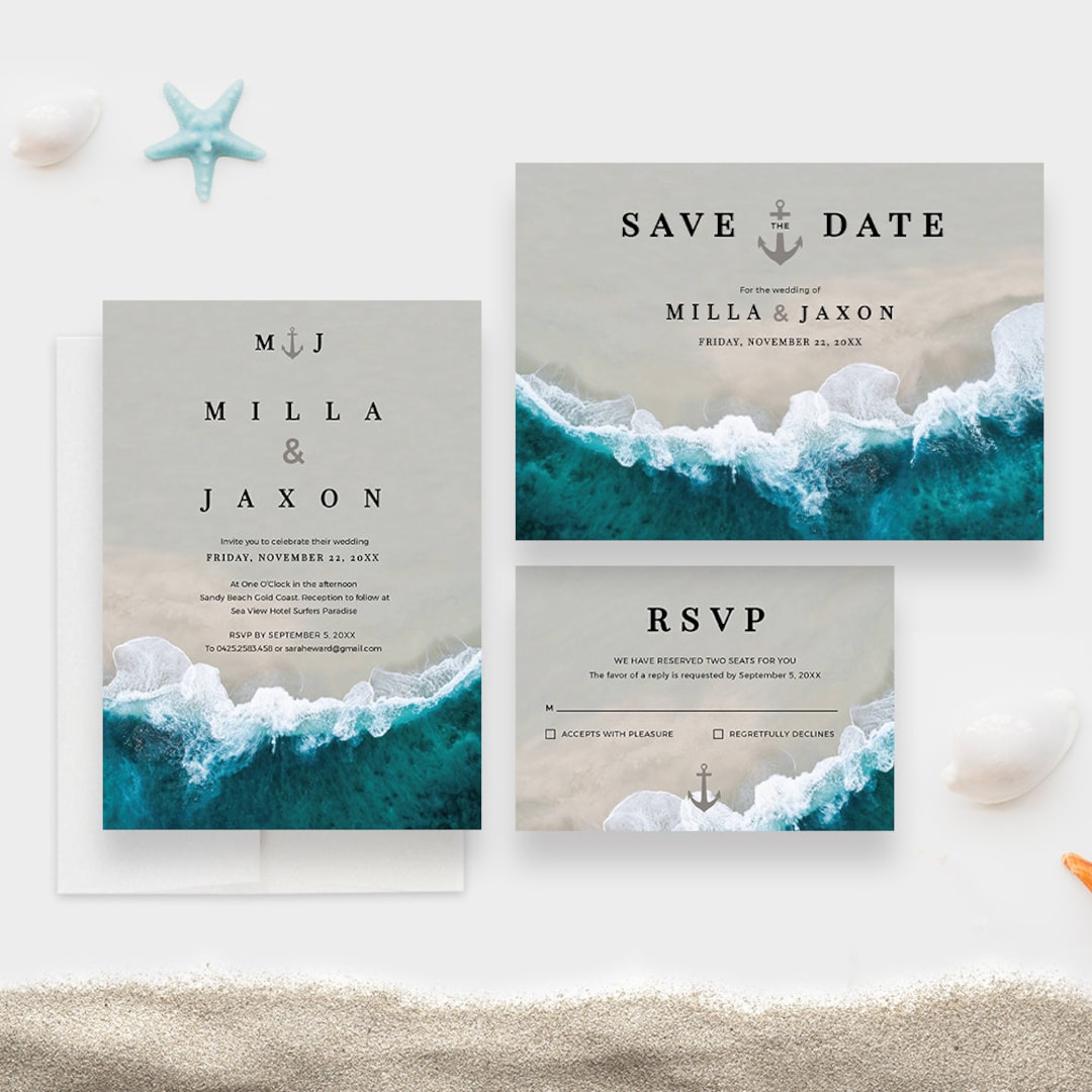 Beach Wedding Printable Invitation Set Editable Template, Nautical ...