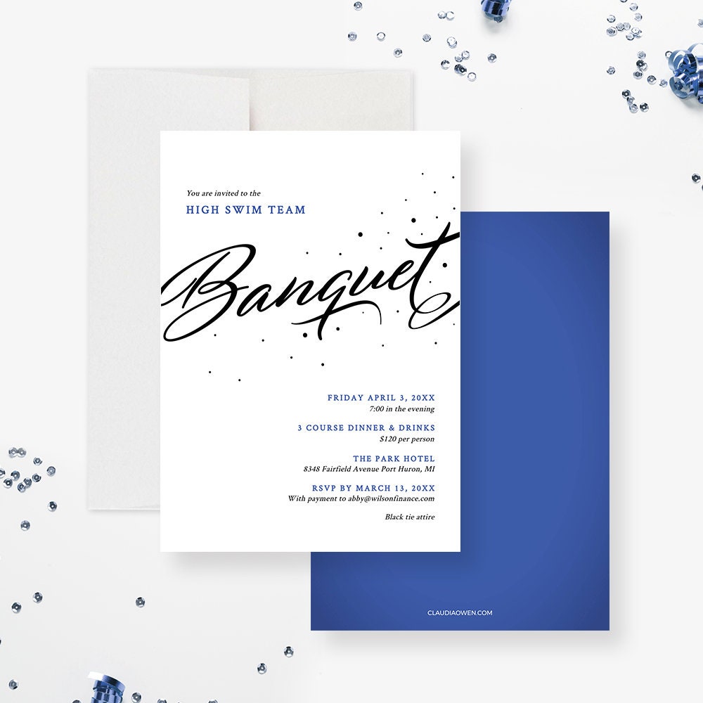 Banquet Invitation Editable Template With Matching Ticket, Blue ...