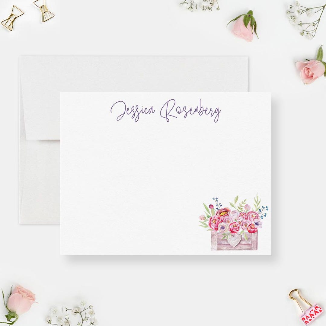Custom Watercolor Flower Note Card Set With Name Personalized ...