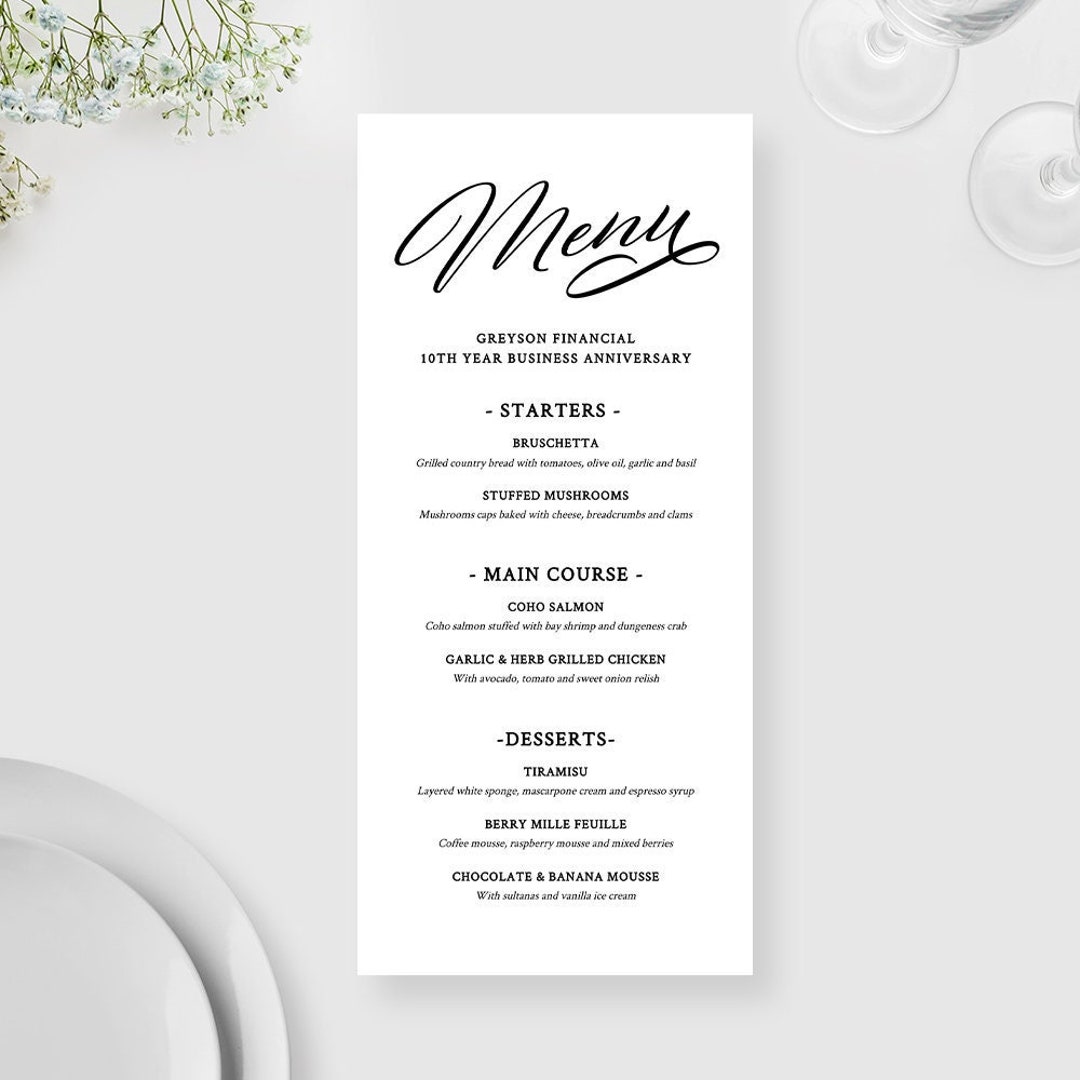 Wedding Menu Card Template, Printable Menu Cards for Birthdays and ...