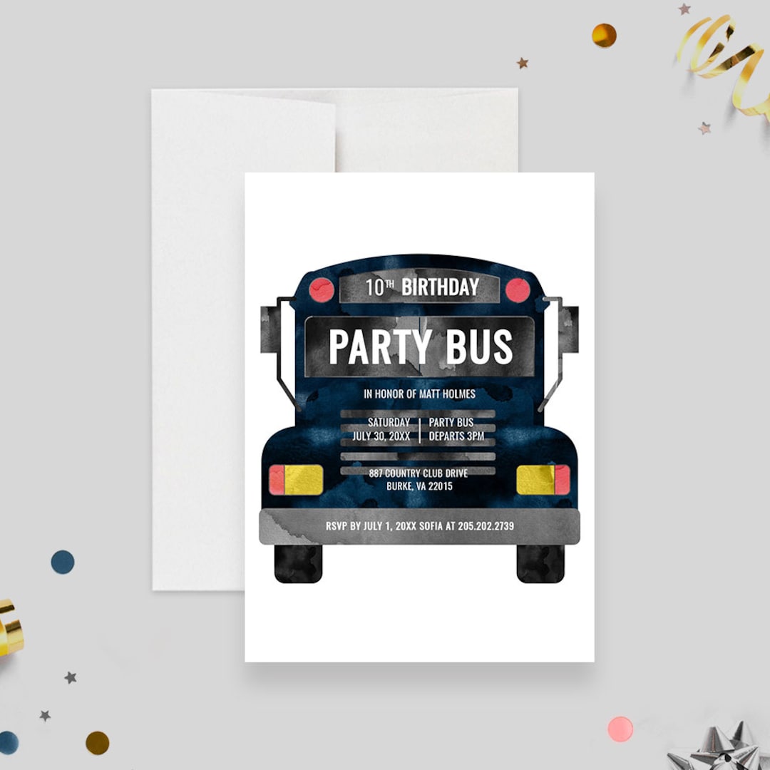 Party Bus Invitation Template, Birthday Bus Invites for Kids and Adults ...