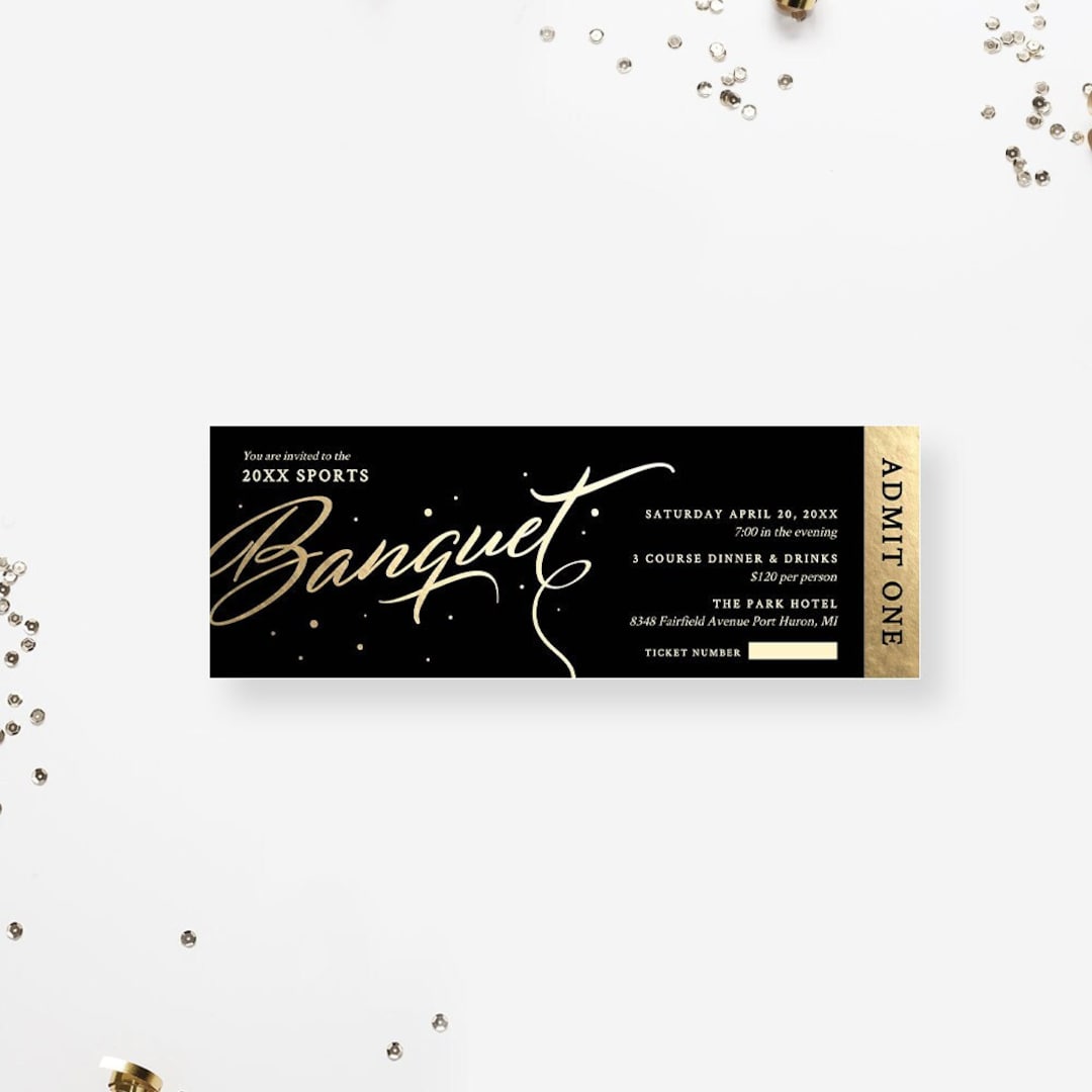 Banquet Ticket Template, Black and Gold Admit One Digital Download ...
