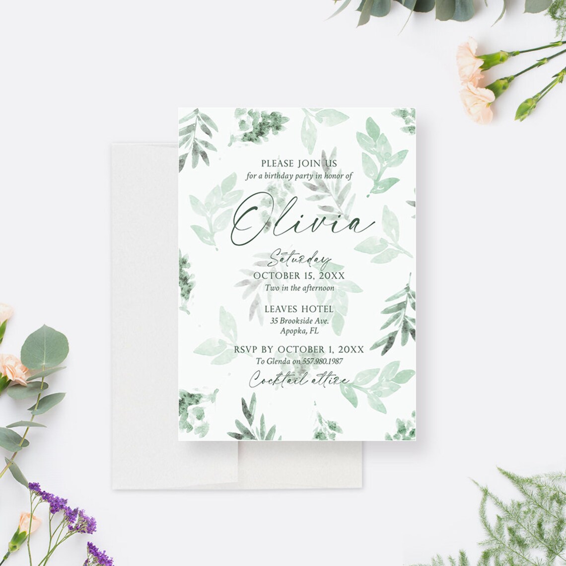 Greenery Birthday Invitation Card With Watercolor Leaf Design, Summer ...