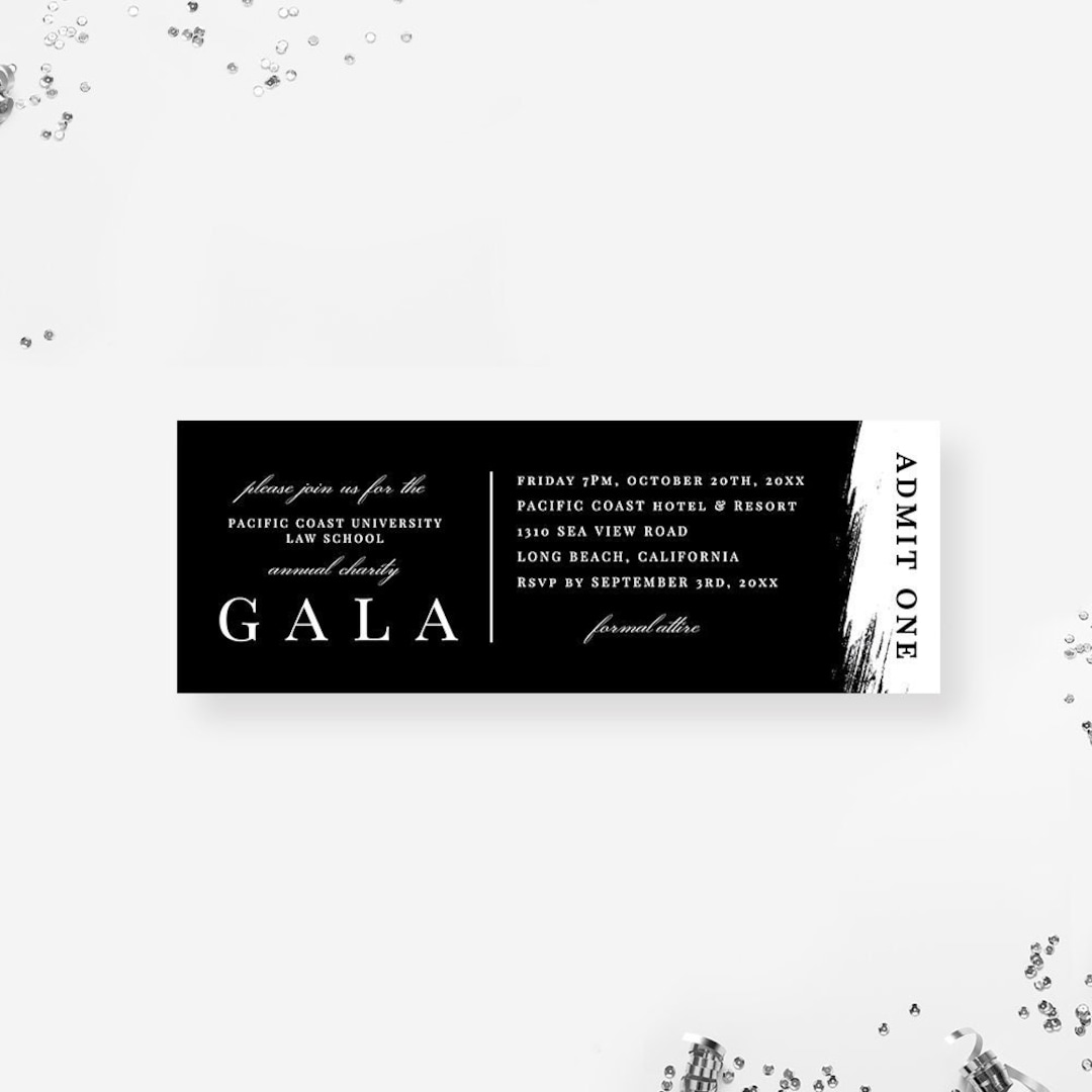 Black and White Gala Ticket Invitation, Admit One Printable Digital ...