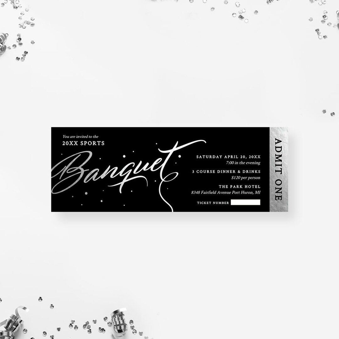 Banquet Ticket Template in Silver and Black Admit One Digital Download ...
