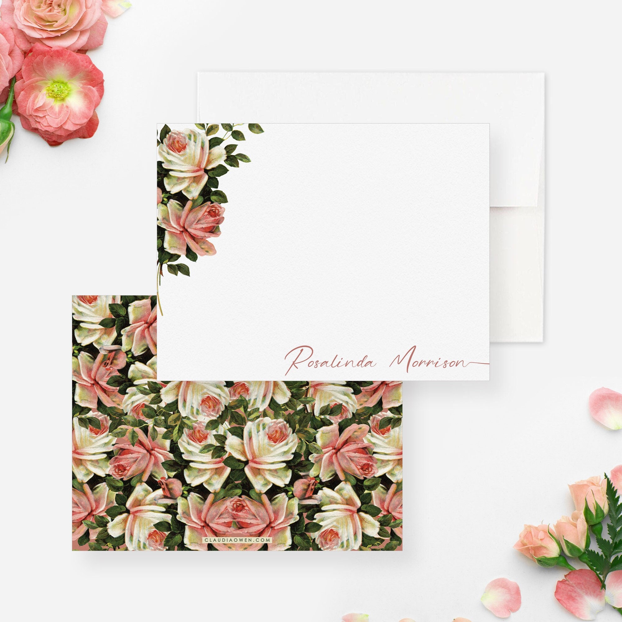 Rose Note Card Custom Flower Note Cards Vintage Flower | Etsy