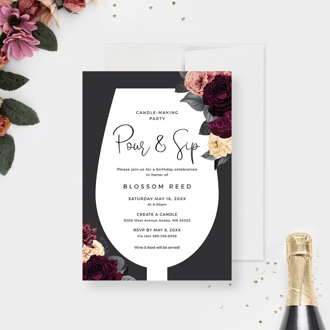 Pour and Sip Candle Making Party Editable Template, Wine and Paint ...