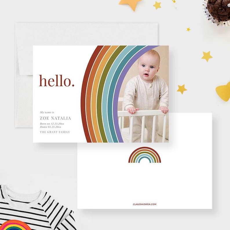 Rainbow Baby Announcement Card Template, Hello Baby Photo Baby Birth ...
