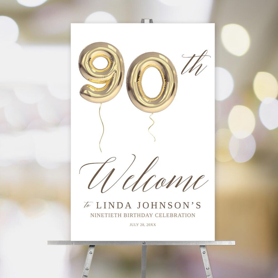 90th Birthday Party Welcome Sign Template With Gold Balloon Printable ...