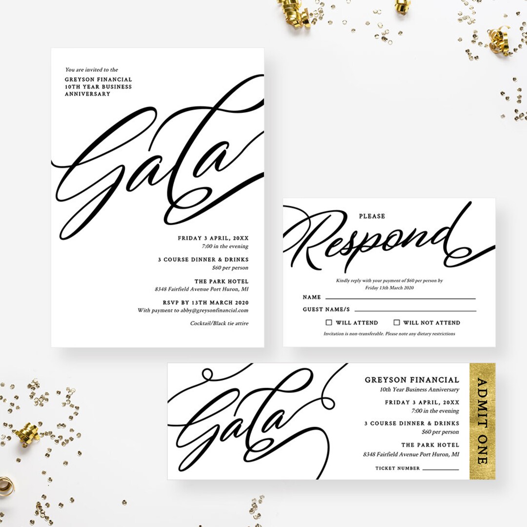 Gala Invitation Template With Matching RSVP and Ticket, Professional ...