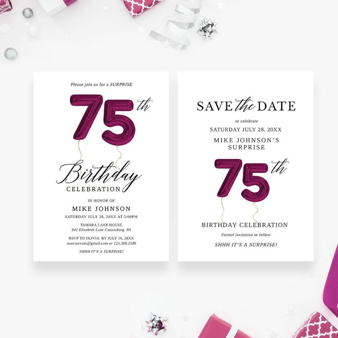 75th Birthday Invitation and Save the Date Card Editable Template, 75th ...