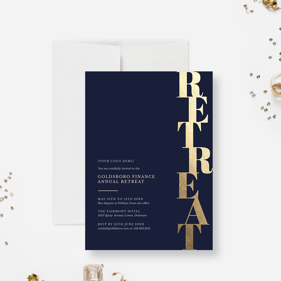 Retreat Invitation Template in Navy Blue and Gold, Corporate Retreat ...