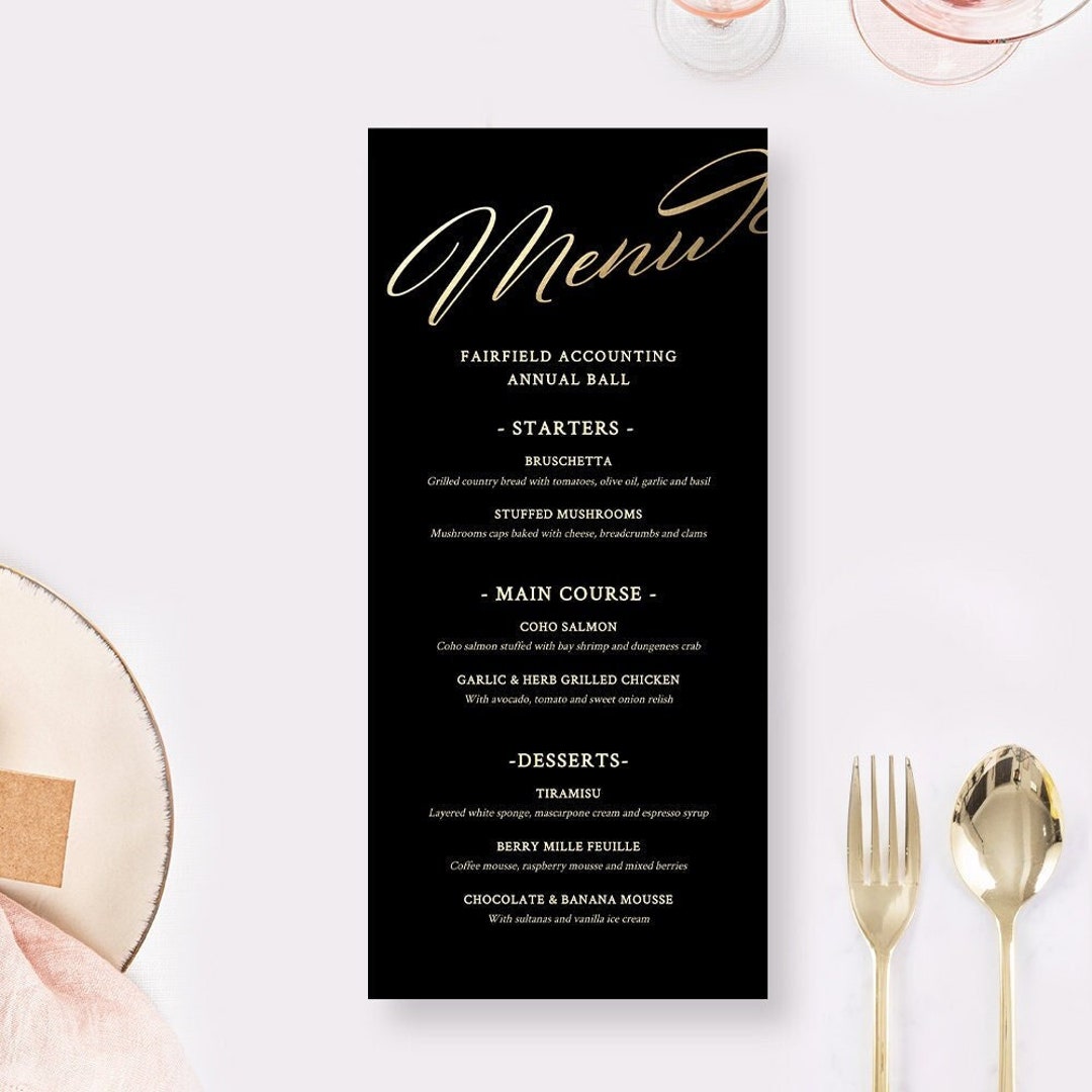 Menu Card Template, Printable Menu Cards for Weddings Birthdays ...