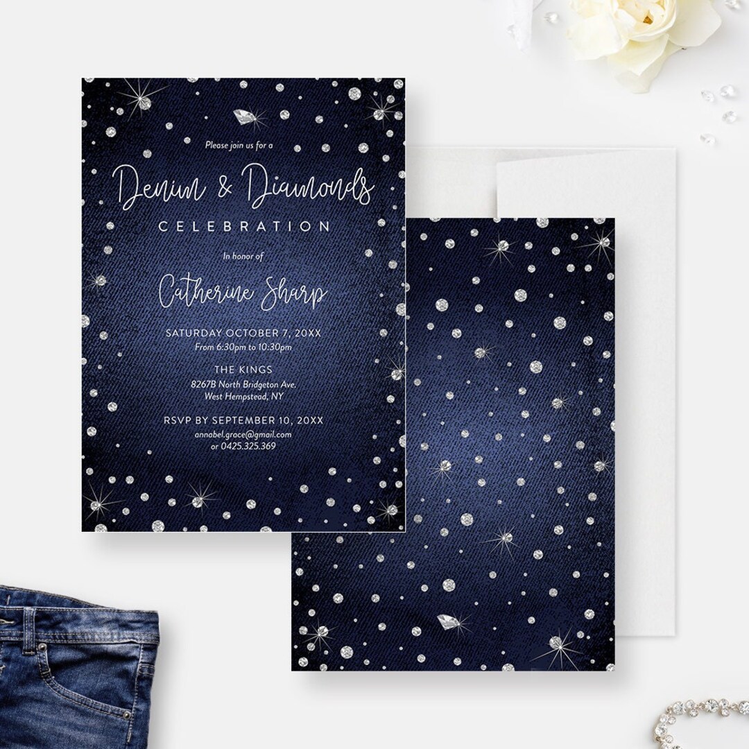 Denim and Diamonds Birthday Printed Party Invitations, Bling Shiny ...