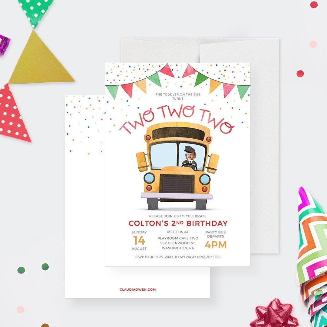 School Bus 2nd Birthday Party Invitation Editable Template, Bus Driver ...