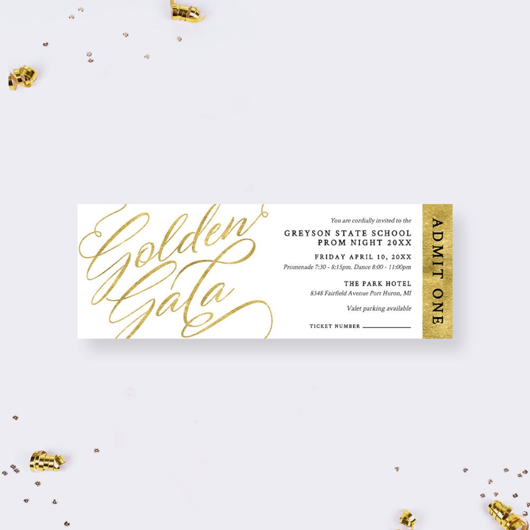 Golden Gala Prom Ticket Template, Elegant Formal Ticket in White and ...