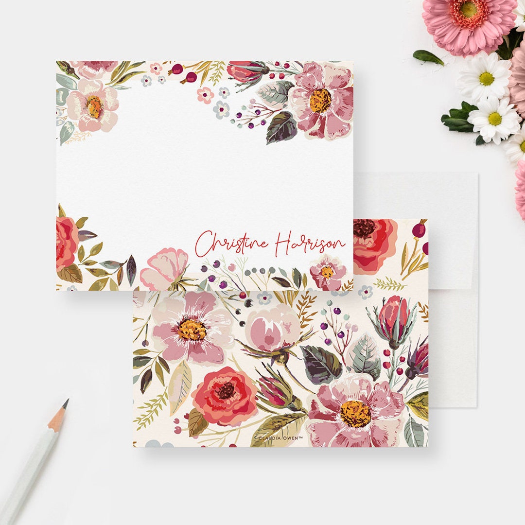 Personalized Floral Note Card Set, Women Wildflowers Stationary Paper ...
