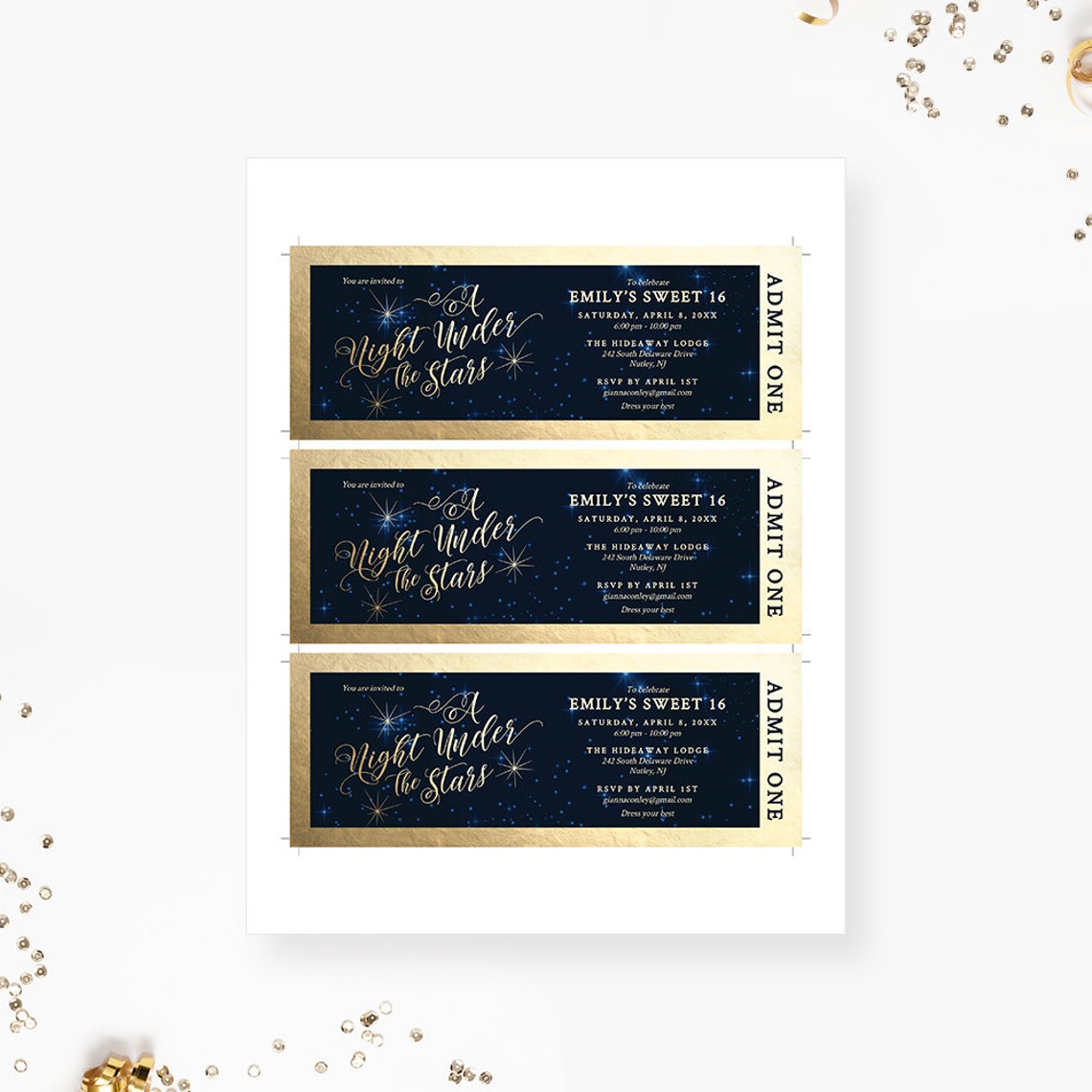 A Night Under the Stars Ticket Digital Download, Elegant Sweet 16 ...