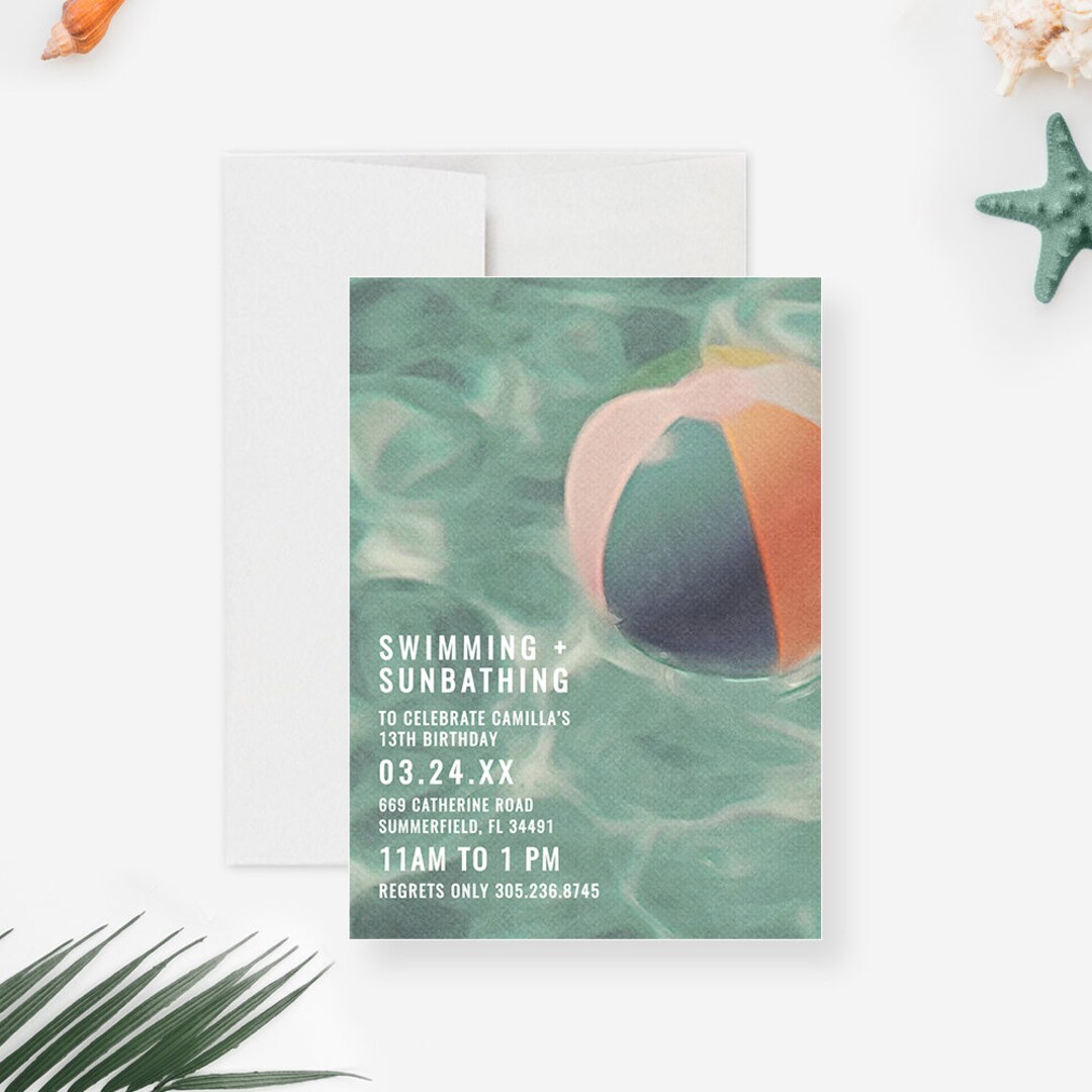 Swimming and Sunbathing Pool Birthday Party Invitation Editable ...