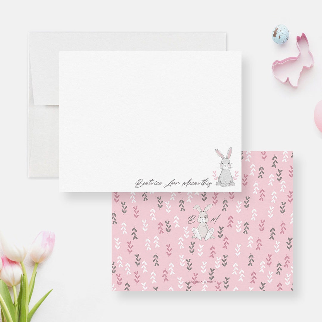 Personalized Bunny Note Card for Kids Girl Stationery, Easter Rabbit ...