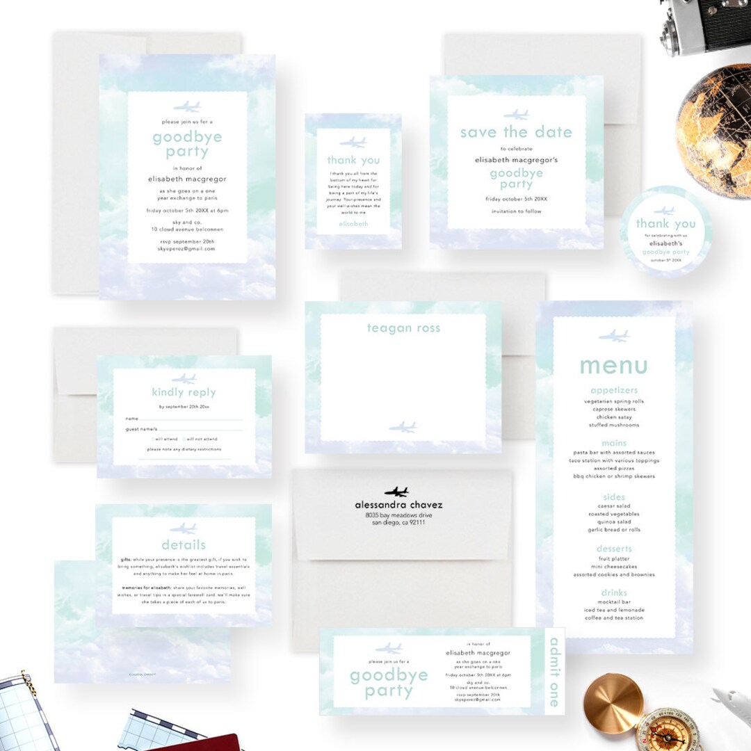 Goodbye Party Invitation Card With Flying Airplane and Blue Clouds ...