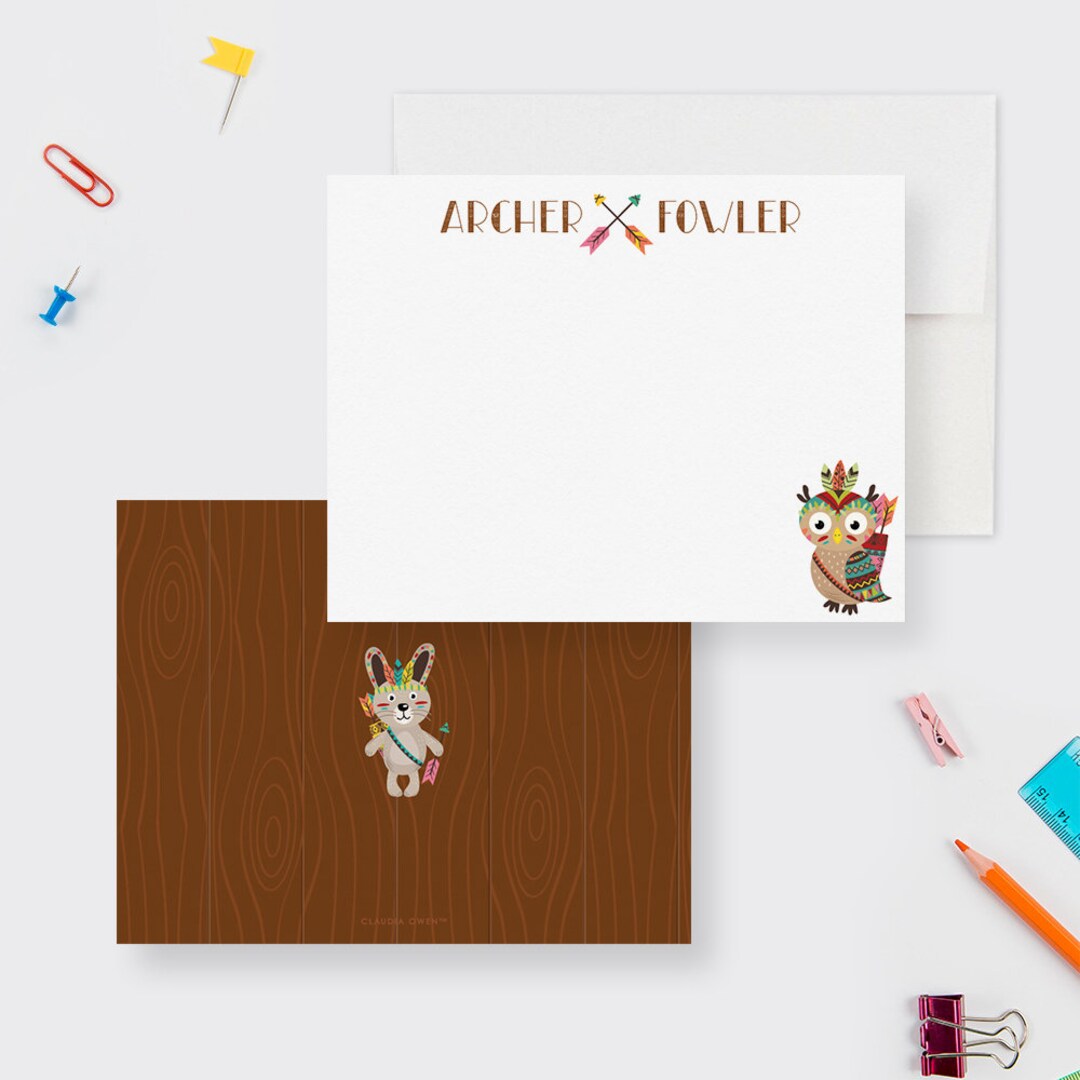 Personalized Owl and Rabbit Tribal Note Cards, Kids Boho Bunny ...