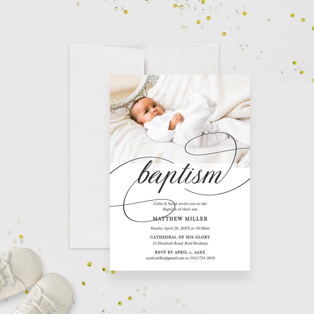 Baptism Invitation With Photo Template, White Baptism Invites Digital ...