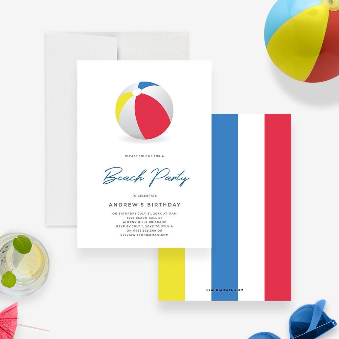 Beach Ball Birthday Party Invitation Party Editable Template, Summer ...