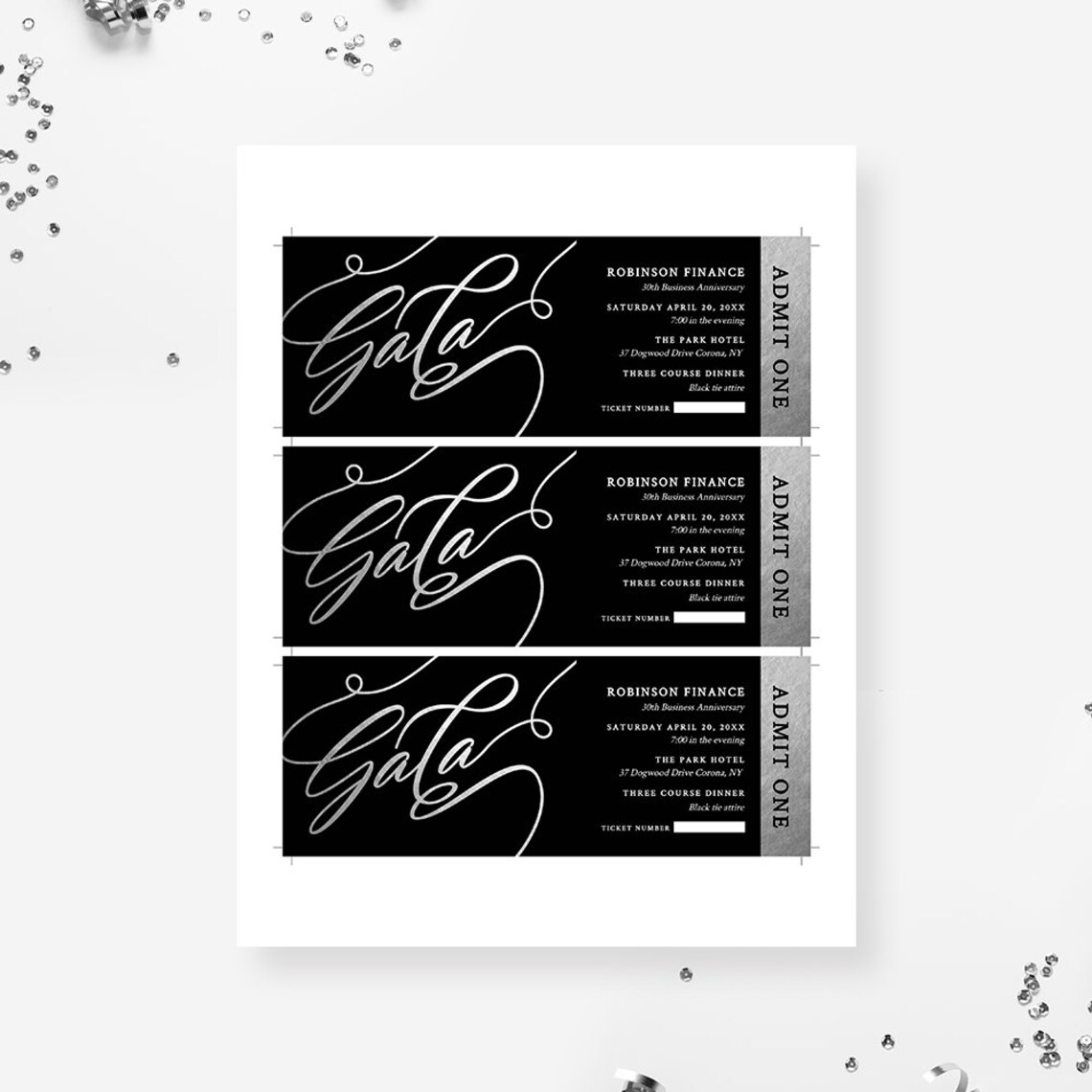 Silver Gala Invitation Editable Template With Ticket - Etsy