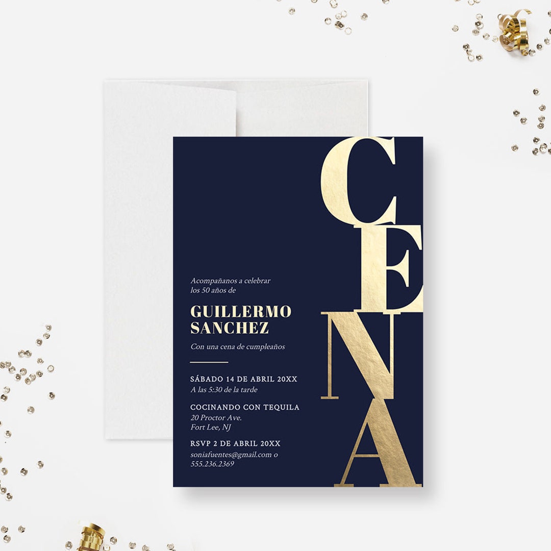 Cena Spanish Party Invitation in Navy Blue and Gold, Formal Birthday ...