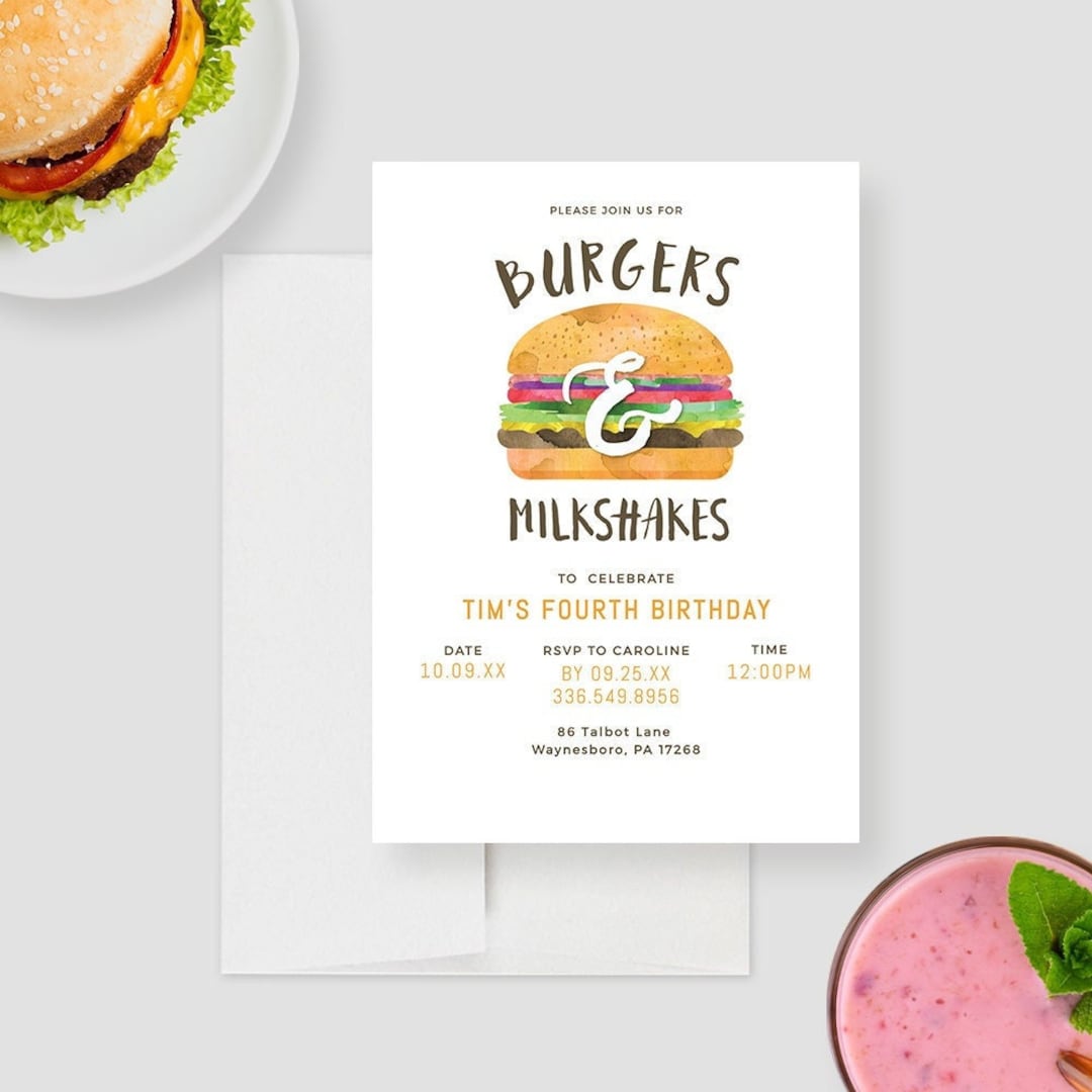 Burgers and Milkshakes Party Invitation Template, 7th 8th 9th 10th Kids ...