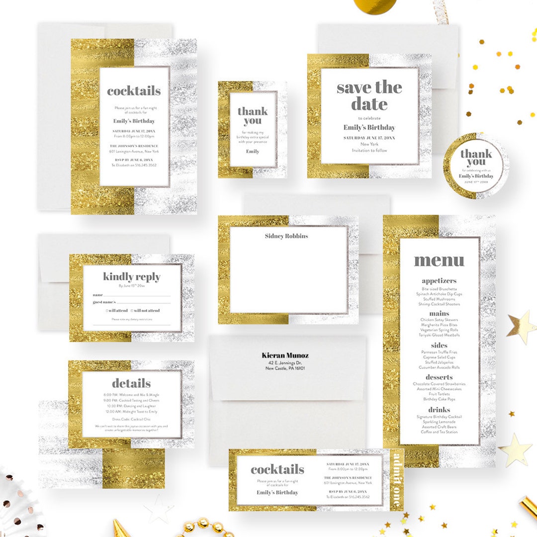 Silver and Gold Invitation Card for Birthday Cocktail Party Matching ...