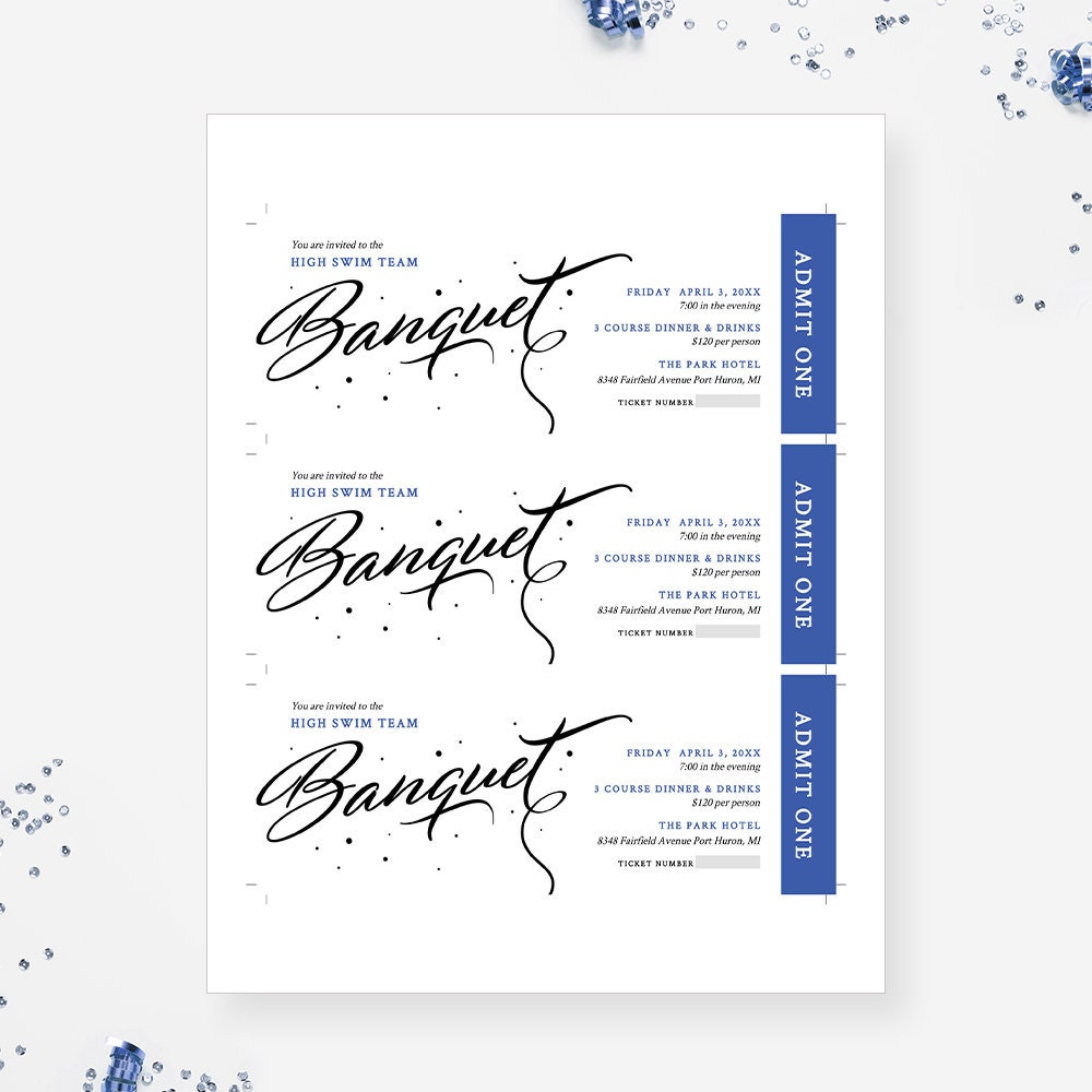 Banquet Ticket Template, Admit One Printable Digital Download, Elegant ...