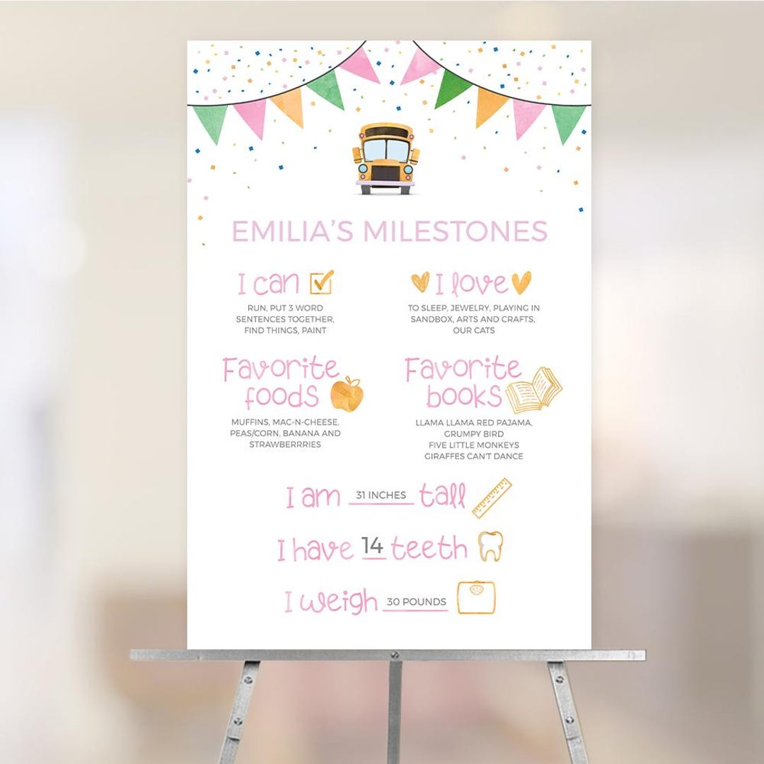Bus Themed Baby Milestone Poster for Girls, Custom School Bus Party ...