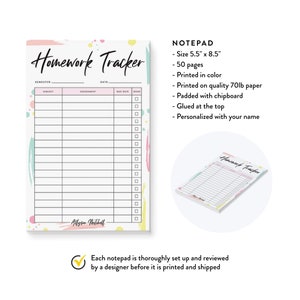 Homework School Tracker Notepad, Assignment Tracker Pad Student Notepad ...
